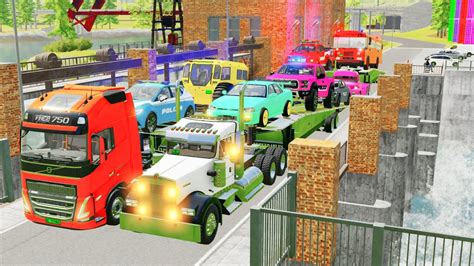 TRANSPORTING ALL CARS POLICE PICKUP SEDAN VAN BUS WITH LOADER ACROSS DAM Farming Simulator
