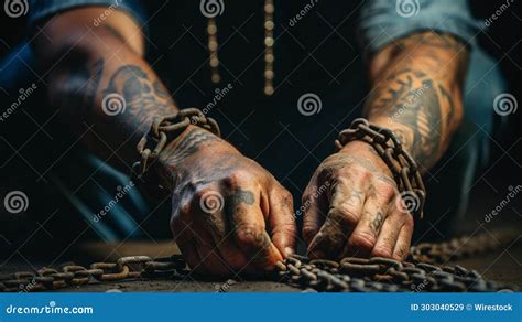 Ai Generated Illustration Of A Man With Tattoos His Arms Chained Up