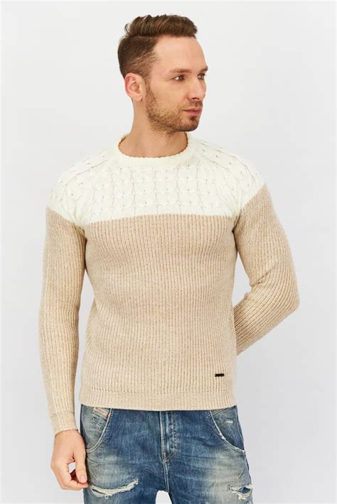 Sorbino Men Crew Neck Long Sleeve Textured Sweater Cream And Tan