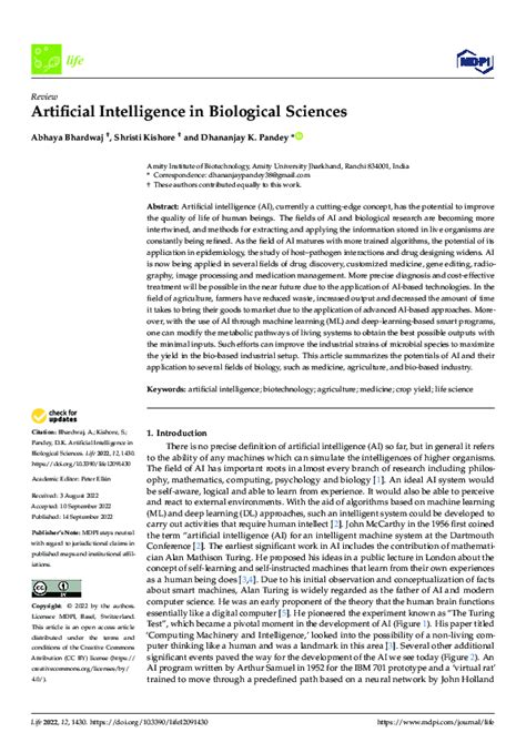 Pdf Artificial Intelligence In Biological Sciences
