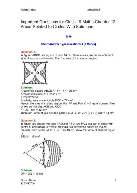 Important Questions For Class 10 Maths Chapter 12 Areas Related To Circles With Solutions Doc