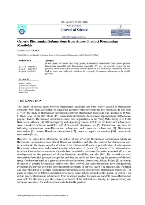 Pdf Generic Riemannian Submersions From Almost Product Riemannian