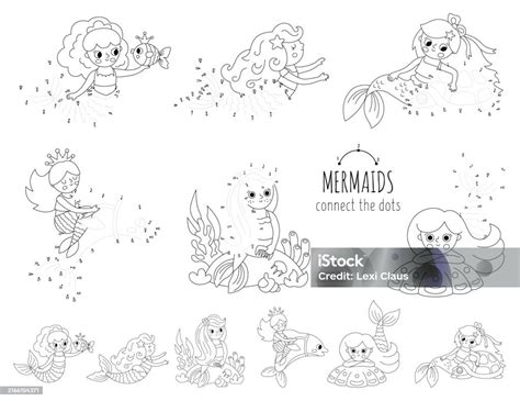 벡터 Dottodot 및 색상 활동 와 귀여운 인어들 와 함께 바다 왕국은 바다 공주와 점 게임 컬렉션을 연결합니다 아이들을 위한 해양 색칠 공부 페이지 수중 인쇄 가능한