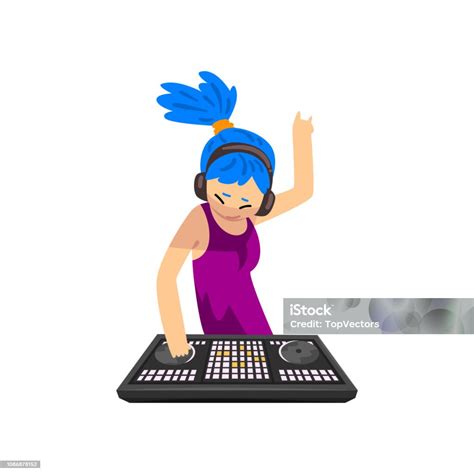 Dj 음악에 비닐 턴테이블 믹서 콘솔 갑판 벡터 그림을 흰색 배경에 트랙을 재생 하는 여자를 혼합 하는 헤드폰에 파란 머리 소녀