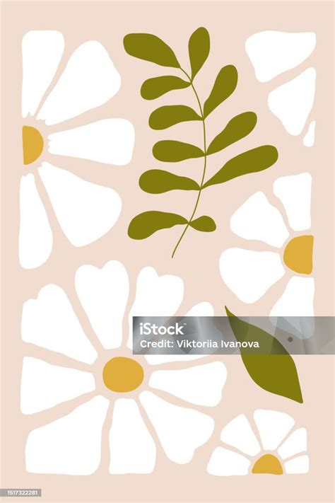 그루비한 트리피 펑키 스타일의 추상적인 데이지 꽃 포스터 유기적 형태는 트렌디한 팔레트의 미적 벽 예술입니다 매력적인 사이키델릭 여름 꽃 장식 데이지속에 대한 스톡 벡터