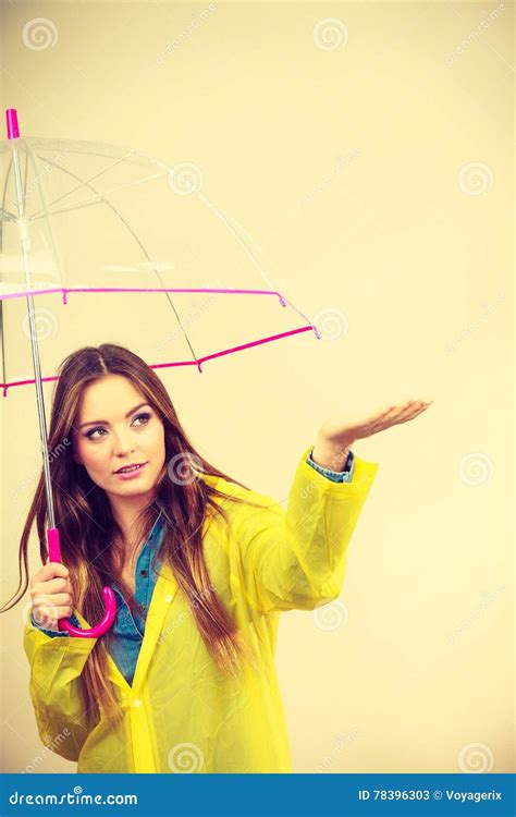 Woman In Rainproof Coat With Umbrella Forecasting Stock Image Image
