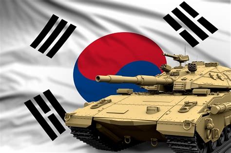 대한민국 국기 배경에 가상의 디자인과 무거운 탱크 현대 탱크 군대 개념 군사 3d 일러스트 3차원 형태에 대한 스톡 사진 및