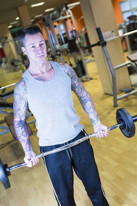 Man Making Bar Curl Workout Routine Stock Image Image Of Muscular Curl 50926091