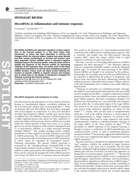 PDF MicroRNAs In Inflammation And Immune Response