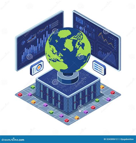Isometric Global Data Center With Big Data Analytics Screen Stock