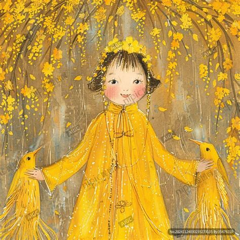 Ai创作图小女孩系列插画 小姑娘插画 龙年小女孩插画 郁郁葱葱黄衣女孩 萌娃插画 银杏林里的小姑娘 小女孩儿插 迎春的小女孩 小天使系列插画