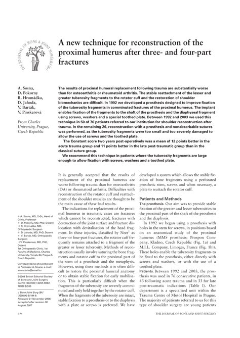Pdf A New Technique For Reconstruction Of The Proximal Humerus After Three And Four Part