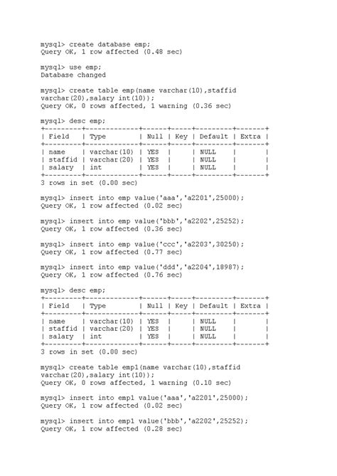 Dbms Ex 3 Mysql Create Database Emp Query Ok 1 Row Affected 0 Sec
