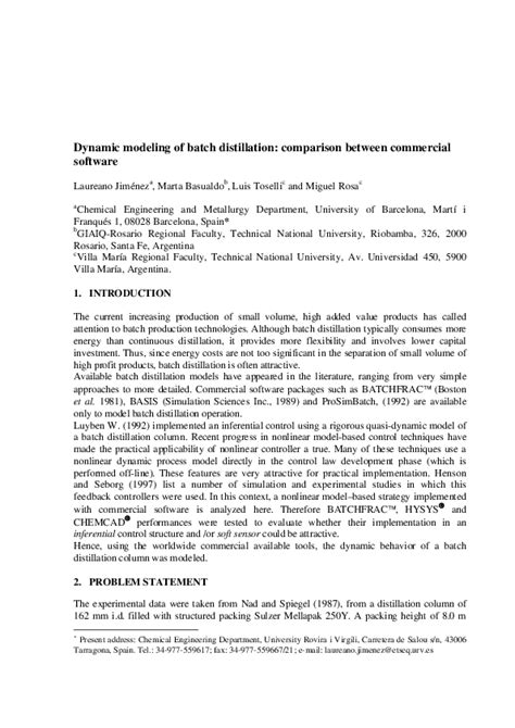 Pdf Dynamic Modeling Of Batch Distillation Comparison Between