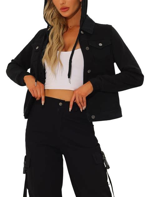 Allegra K Womens Denim Jacket Button Down Long Sleeve Drawstring Hood