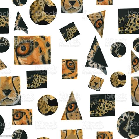 기하학적 모양의 패턴 치타 야생 고양이의 노란 눈 사각형 삼각형 및 배경 화면 및 의류 디자인을위한 흰색 배경에 원 0명에 대한 스톡 벡터 아트 및 기타 이미지 Istock