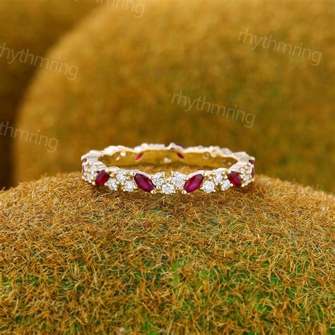 Delicate Marquise Cut Ruby Wedding Band Vintage Solid Rose Gold Band