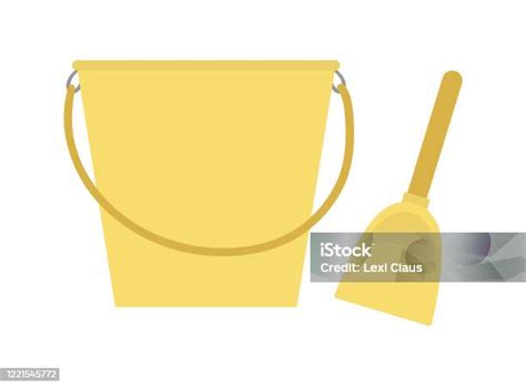 벡터 자물 버킷 과 삽 흰색 배경에 격리 노란 모래 장난감 세트입니다 여름 클립 아트 요소입니다 아이들을위한 귀여운 플랫 일러스트 휴가 해변 개체입니다 0명에 대한 스톡