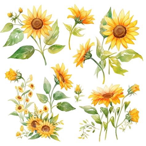 Premium Vector Sunflower Watercolor Flowers And Leaf Assortment