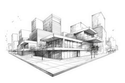 Modern Architecture Building Construction Perspective Design Building Sketch Line Drawing On