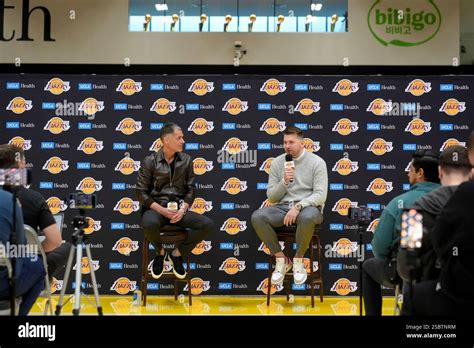Los Angeles Lakers Luka Doncic Speaks Next To General Manager Rob