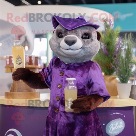 Purple Otter Mascot Costume Character Dressed With A Cocktail Dress And