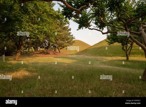 View On Two Daereungwon Tombs Taken At Sunset Gyeongju South Korea