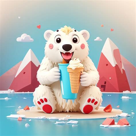 Cute Polar Bear Eating Ice Cream Cartoon Vector Icon Illustration