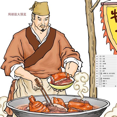 卤肉 卤肉饭 炖肉 东坡肉 红烧肉 手绘 插画 插图 壁画挂画 加工图 传统工艺 包装设计 古代人物 老北京 古法老字号 花瓣网