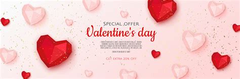 해피 발렌타인 데이 웹 사이트의 수평 배너 헤더 템플릿 사실적인 디자인 요소 반짝이는 색종이가 있는 붉은 하트 기념일에 대한 스톡 벡터 아트 및 기타 이미지 Istock