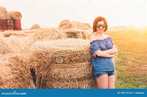 Young Woman Near Haystack Stock Image Image Of Farm 183174141