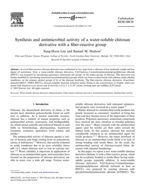 Pdf Synthesis And Antimicrobial Activity Of A Water Soluble Chitosan