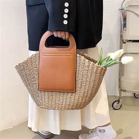여성용 심플한 바구니 쇼퍼 백 해변 밀짚 가방 여행용 핸드백 럭셔리 디자인 겨드랑이 어깨 가방 여름