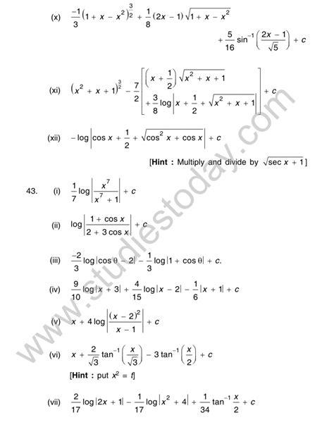 Cbse Class 12 Mathematics Integrals Worksheet Set A