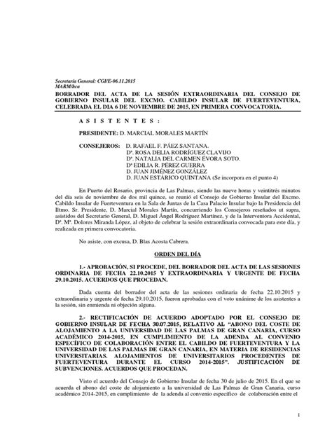 Acta De La Sesión Extraordinaria Del Consejo De Gobierno Insular Pdf