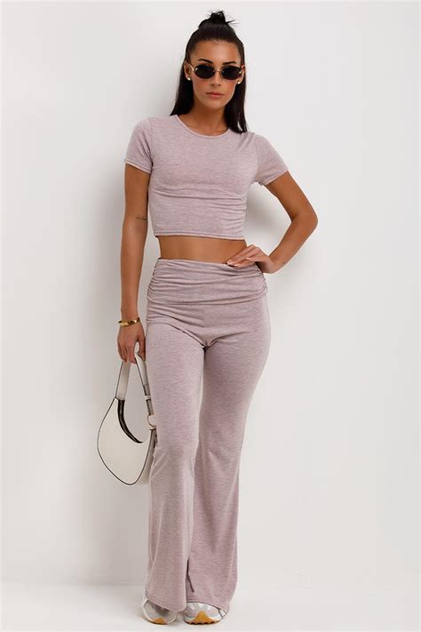 Womens Fold Over Flared Trousers And Top Co Ord Set Pink Uk