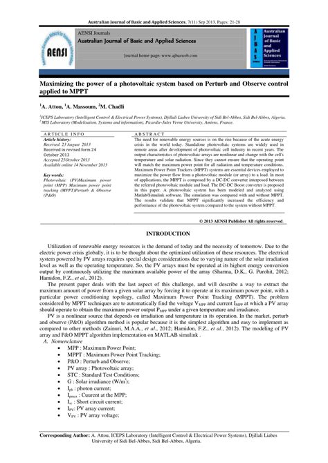 Pdf Maximizing The Power Of A Photovoltaic System Based On Perturb