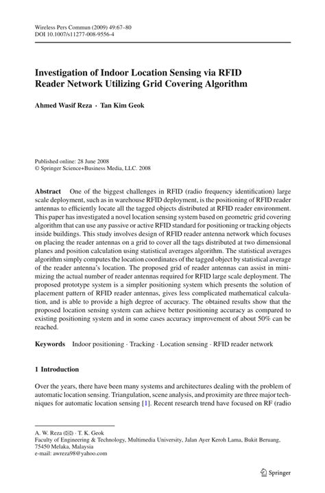 Pdf Investigation Of Indoor Location Sensing Via Rfid Reader Network