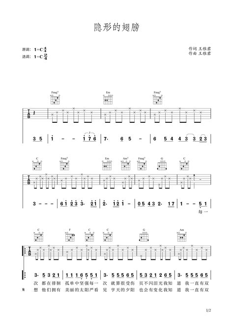 张韶涵《隐形的翅膀》吉他谱吉他弹唱谱 酷玩吉他