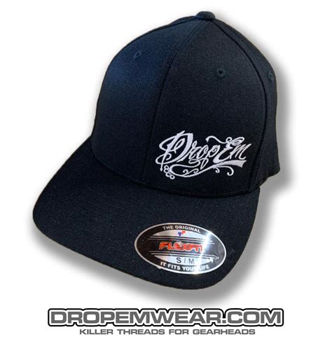 Black Curved Bill Flex Fit Hat With White Tattoo Script Left Panel