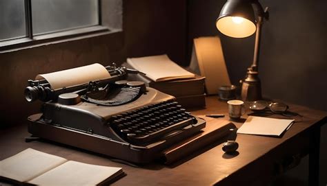 Premium Vector A Vintage Typewriter On A Wooden Desk With A Lamp A