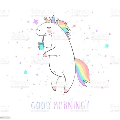 커피와 텍스트와 손으로 그린 귀여운 유니콘의 벡터 그림 흰색 배경에 좋은 아침 과체중에 대한 스톡 벡터 아트 및 기타 이미지 과체중 귀여운 낙서 드로잉 Istock