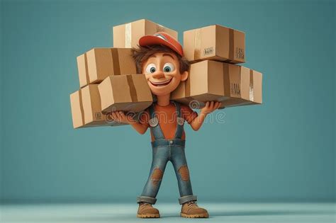 cheerful cartoon delivery guy struggling with towering boxes exuding