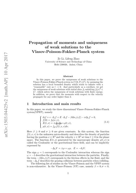 Pdf Propagation Of Moments And Uniqueness Of Weak Solution To Vlasov Poisson Fokker Planck System