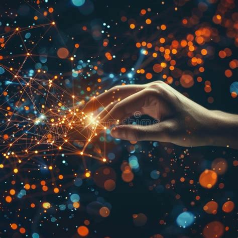 Connection Across Realms Human And Robotic Hands Reaching Through Glowing Data Network Stock