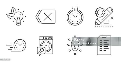 에코 에너지 시간 및 체크리스트 아이콘 세트 제거 프로젝트 편집 및 세탁기 표지판 벡터 데이터에 대한 스톡 벡터 아트 및 기타 이미지 Istock