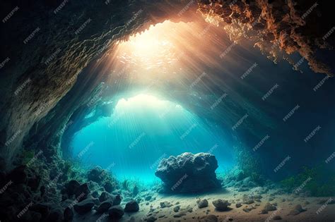 Premium Photo Deep Underwater Cave With Stones Under Rays Of Sun