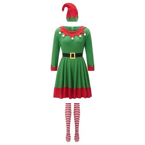 Women Christmas Elf Costumes Dresses With Belt Stockings And Hats