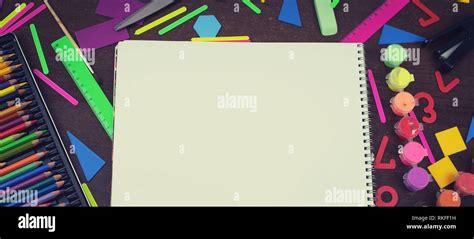 Banner A Set Of Stationery For School Notebook Lying On The Table Top View Copy Of Flat Lay