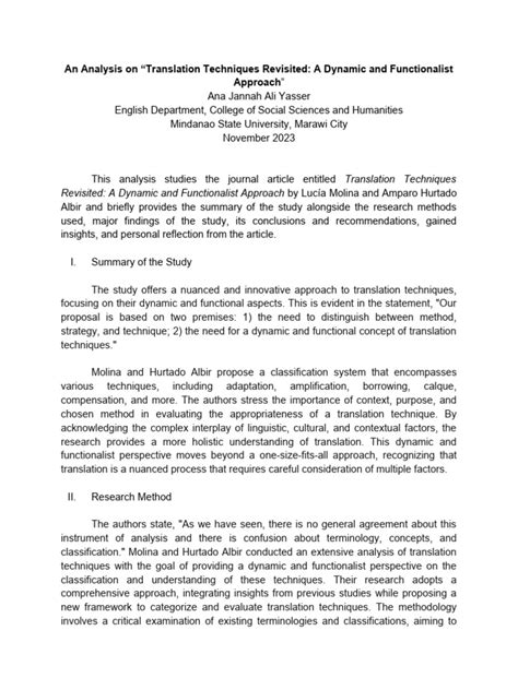 An Analysis On Translation Techniques Revisited A Dynamic And Functionalist Approach Pdf